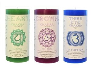 crystal journey 3″x6″ pillar chakra candles bundle of 3 (heart chakra, crown chakra, third eye chakra) – handcrafted with lead-free material