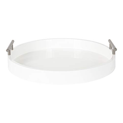 Kate and Laurel Lipton Modern Round Tray, 15.5 inch Diameter, White and Silver, Decorative Accent Tray for Storage and Display