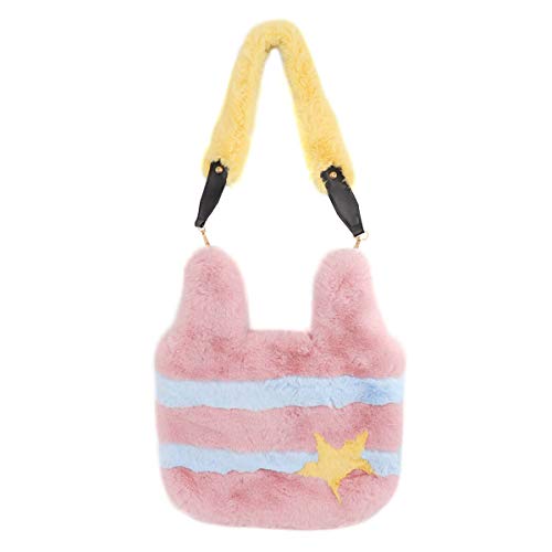 surell - Striped Faux Rex Rabbit Fur Shoulder Bag - Pastel Fuzzy Tote - Cute Fluffy Soft Bag with Heart - Luxurious Fashion Purse Gift - Kawaii Love Tote Bag - Stylish Handbag - (Pink/Blue/Yellow)