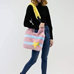 surell - Striped Faux Rex Rabbit Fur Shoulder Bag - Pastel Fuzzy Tote - Cute Fluffy Soft Bag with Heart - Luxurious Fashion Purse Gift - Kawaii Love Tote Bag - Stylish Handbag - (Pink/Blue/Yellow)