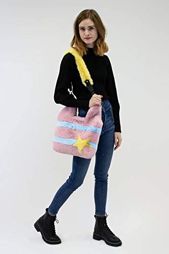 surell - Striped Faux Rex Rabbit Fur Shoulder Bag - Pastel Fuzzy Tote - Cute Fluffy Soft Bag with Heart - Luxurious Fashion Purse Gift - Kawaii Love Tote Bag - Stylish Handbag - (Pink/Blue/Yellow)