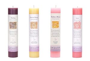 crystal journey reiki charged herbal pillar candle with inspirational labels – bundle of 4 (healing, positive energy, manifest a miracle, love) each 7″x1.5″ handcrafted with lead-free materials