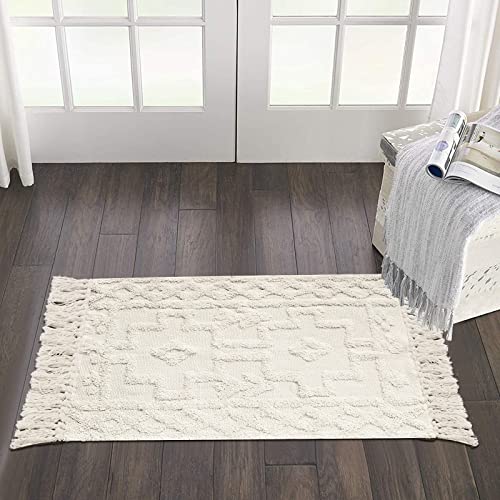 Uphome Boho Bathroom Rug 2' x 3' Moroccan Tufted Small Rugs with Tassels Farmhouse Cotton Woven Washable Accent Throw Rug for Entryway Bedroom Laundry Living Room Kitchen,Beige