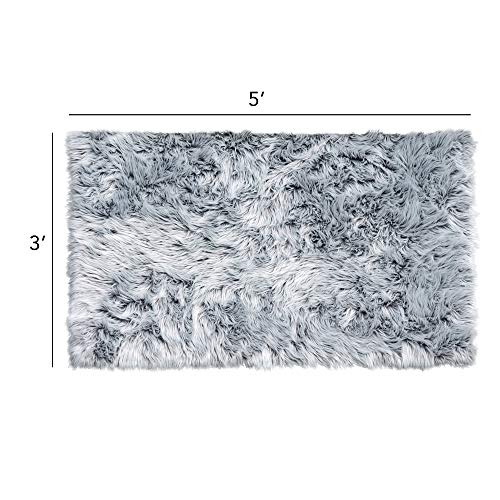 PG Synthetic Fur Rug, with Non-Slip Suede Lining, Super Soft and Fluffy (3' x 5', White and Gray)