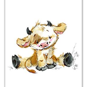 Watercolor Cartoon Cow Nursery Prints - Set of 4 (8x10) Inches Glossy Handpainted Cattle Taurus Dairy Livestock Bovinae Cute Farm Barn Holstein Kid's Baby Bedroom Wall Art Decor