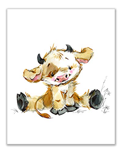 Watercolor Cartoon Cow Nursery Prints - Set of 4 (8x10) Inches Glossy Handpainted Cattle Taurus Dairy Livestock Bovinae Cute Farm Barn Holstein Kid's Baby Bedroom Wall Art Decor