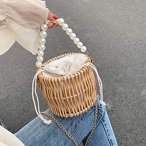 Pearl Hand Woven Handbag Straw Woven Rattan Crossbody Bag Vintga Bamboo Handbag, Handmade Tote Bamboo Purse, Straw Beach Bag For Women Or Girl