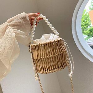 Pearl Hand Woven Handbag Straw Woven Rattan Crossbody Bag Vintga Bamboo Handbag, Handmade Tote Bamboo Purse, Straw Beach Bag For Women Or Girl