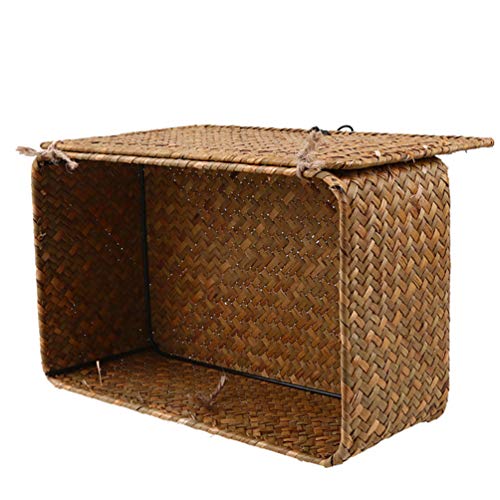 BESPORTBLE Handwoven Natural Seagrass Storage Baskets Rectangular Handmade Wicker Baskets Multipurpose Container with Lid (Size L)