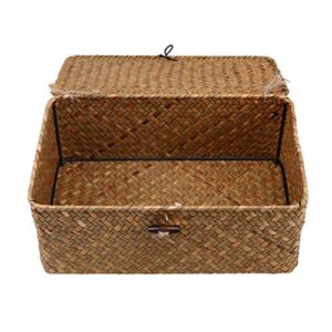 BESPORTBLE Handwoven Natural Seagrass Storage Baskets Rectangular Handmade Wicker Baskets Multipurpose Container with Lid (Size L)