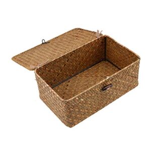 BESPORTBLE Handwoven Natural Seagrass Storage Baskets Rectangular Handmade Wicker Baskets Multipurpose Container with Lid (Size L)