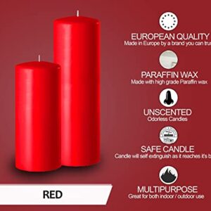 Hyoola Red Pillar Candles 2x8 Inch - 4 Pack Unscented Pillar Candles - European Made