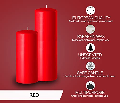 Hyoola Red Pillar Candles 2x8 Inch - 4 Pack Unscented Pillar Candles - European Made