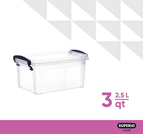 Superio Clear Storage Bins with Lids, Stackable Storage Box with Latches and Handles, Extra Small, 2 Pack 3 Quart