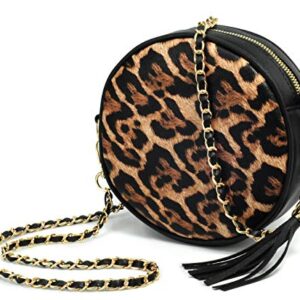 Women Round Cross Body Bag Tassel Circle Purse Chain Shoulder Handbag Clutch Wristlet (Leopard)