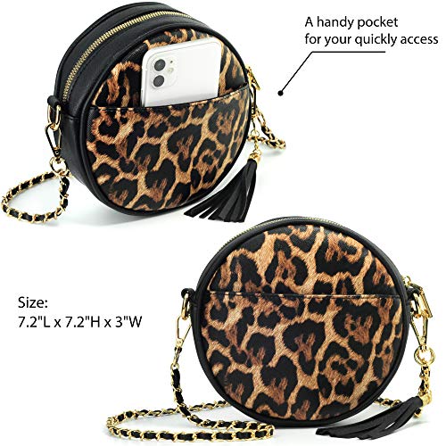 Women Round Cross Body Bag Tassel Circle Purse Chain Shoulder Handbag Clutch Wristlet (Leopard)