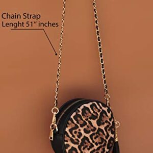 Women Round Cross Body Bag Tassel Circle Purse Chain Shoulder Handbag Clutch Wristlet (Leopard)