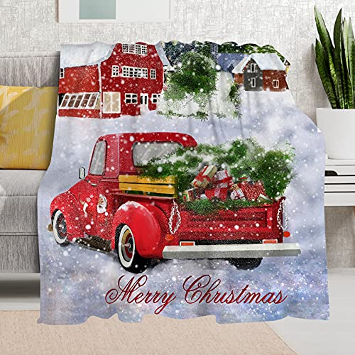 Christmas Blanket,Christmas Santa Red Truck with Xmas Trees Flannel Fleece Throw Blanket for Couch Bed Sofa,Farmhouse Rustic Soft Plush Warm Winter Cabin Throw,Holiday New Year Gift Blanket,50"X60"