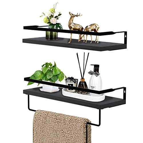 YIHATA Floating Shelf with Towel Wall Shelves,Set of 2 Wood Wall Storage Shelves with Metal Hooks for Kitchen, Bedroom, Bathroom, Office