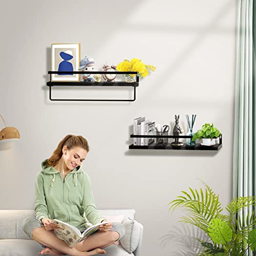 YIHATA Floating Shelf with Towel Wall Shelves,Set of 2 Wood Wall Storage Shelves with Metal Hooks for Kitchen, Bedroom, Bathroom, Office