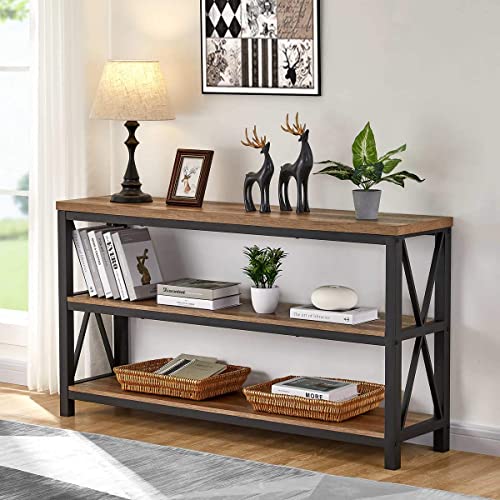 FATORRI Industrial Console Table for Entryway, Wood Sofa Table, Rustic Hallway Tables with 3-Tier Shelves for Living Room (55 Inch, Rustic Oak)