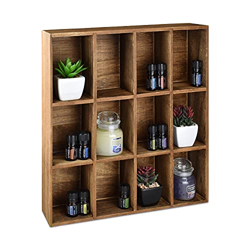 Ikee Design Wall Mounted Wooden Mountable 12 Compartments Holder Display Shelf, Wood Collection Wall Display Shadow Box Rack, 15.38”W x 3 ”D x 14.13”H, Brown Color