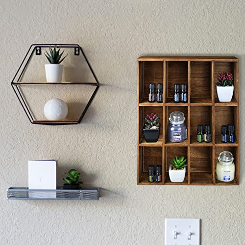 Ikee Design Wall Mounted Wooden Mountable 12 Compartments Holder Display Shelf, Wood Collection Wall Display Shadow Box Rack, 15.38”W x 3 ”D x 14.13”H, Brown Color