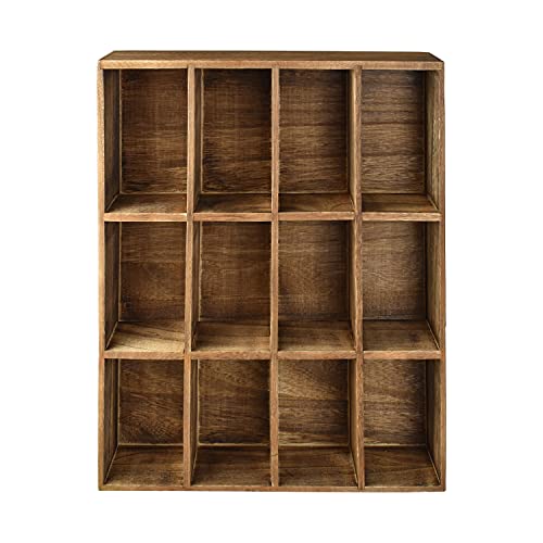 Ikee Design Wall Mounted Wooden Mountable 12 Compartments Holder Display Shelf, Wood Collection Wall Display Shadow Box Rack, 15.38”W x 3 ”D x 14.13”H, Brown Color