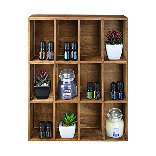 Ikee Design Wall Mounted Wooden Mountable 12 Compartments Holder Display Shelf, Wood Collection Wall Display Shadow Box Rack, 15.38”W x 3 ”D x 14.13”H, Brown Color