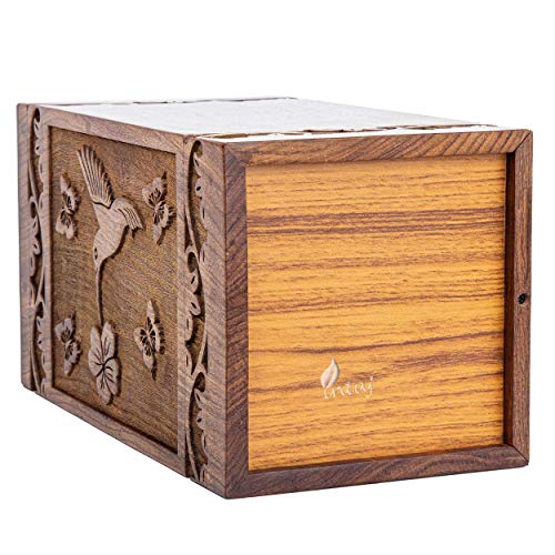 INTAJ Wooden Cremation Urn for Human Ashes, Adult INTAJ Rosewood Urn for Ashes, Humming Bird Funeral Cremation Urn Hand-Crafted - Burial Urn Box (Rosewood Birds, Large - 11.25Hx6.25W (250 Cu/in))