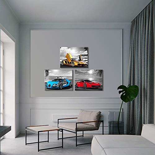 Car Poster Decor Black and White Wall Art Framed Car Art for Men Boys Bedroom Décor Sports Posters Landscape Office Room Decor Gift for Teen Boys