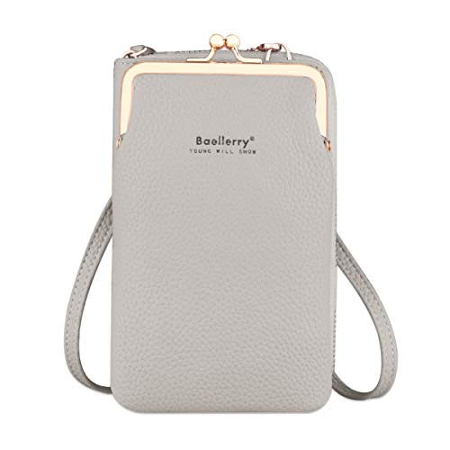 Small Crossbody Phone Bag Lightweight PU Leather Phone Purse for Women with Long Shoulder Strap Card Holder Kiss-Lock (Gray)