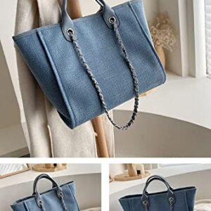 XACKWUERO Women Fashion Classic Canvas Bag Shoulder Handbag Tote Shopper Bag with Chain Shoulder Strap (A Blue)