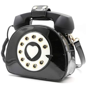 QiMing Retro dial telephone Crossbody Shoulder Bag,Pu Movable microphone Purse for Women(Black)