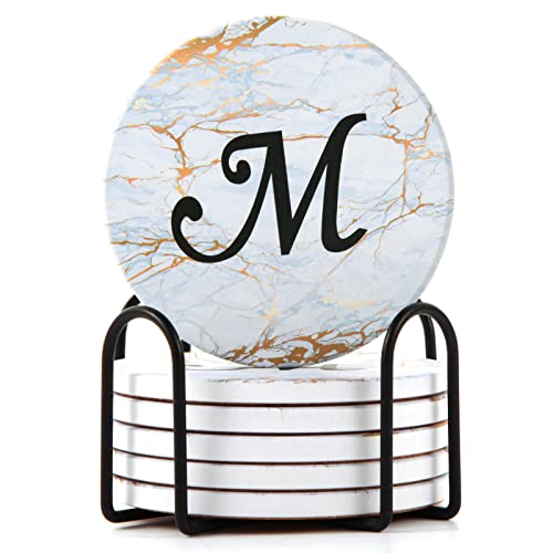 Monogrammed Coasters for Drinks Absorbents with Holder, Set of 6 Ceramic Marble Style Drink Coaster With Cork Base,Personalized Coasters Customizable With Name, Housewarming Gifts