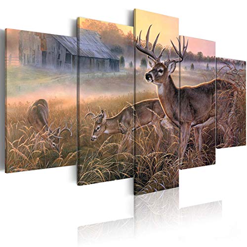 ArtHome520 Yellow Animal Deer Wildlife Canvas Print Painting Wall Art Home Decor Golden Landscape Picture Living Room Decorations Fashion Framed 5 Panel (8''x12''x2+8''x16''x2+8''x20''x1)