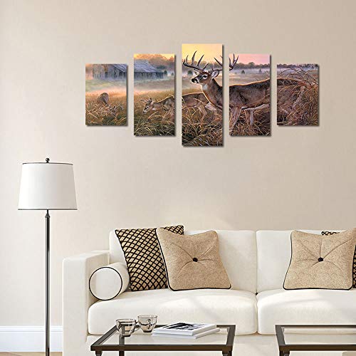 ArtHome520 Yellow Animal Deer Wildlife Canvas Print Painting Wall Art Home Decor Golden Landscape Picture Living Room Decorations Fashion Framed 5 Panel (8''x12''x2+8''x16''x2+8''x20''x1)