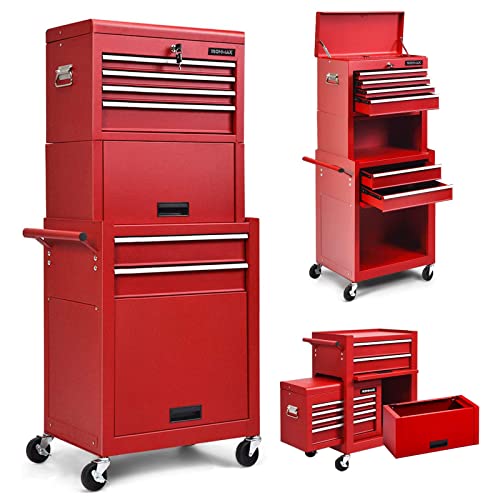 Goplus 6-Drawer Rolling Tool Chest, 3-in-1 Tool Box Organizer w/ Auto Locking System & Lockable Wheels & Sliding Drawers & Detachable Top, Tool Storage Cabinet for Garage Workshop, Red