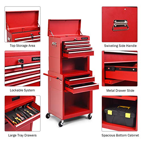 Goplus 6-Drawer Rolling Tool Chest, 3-in-1 Tool Box Organizer w/ Auto Locking System & Lockable Wheels & Sliding Drawers & Detachable Top, Tool Storage Cabinet for Garage Workshop, Red