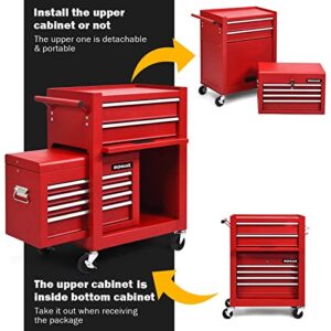 Goplus 6-Drawer Rolling Tool Chest, 3-in-1 Tool Box Organizer w/ Auto Locking System & Lockable Wheels & Sliding Drawers & Detachable Top, Tool Storage Cabinet for Garage Workshop, Red