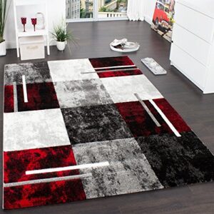 paco home designer rug modern with contour cut chequered in silver black red, size:6’7″ x 9’6″