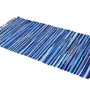 SERENITA Chindi Rug Reversible Rag Cotton Hand Woven Throw Area Rugs for Kitchen Bedroom Bathroom Livingroom Washable Stripe Blue 22" x 36"