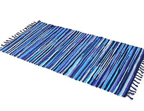 SERENITA Chindi Rug Reversible Rag Cotton Hand Woven Throw Area Rugs for Kitchen Bedroom Bathroom Livingroom Washable Stripe Blue 22" x 36"