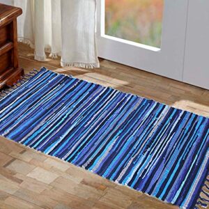 SERENITA Chindi Rug Reversible Rag Cotton Hand Woven Throw Area Rugs for Kitchen Bedroom Bathroom Livingroom Washable Stripe Blue 22" x 36"