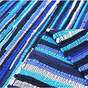 SERENITA Chindi Rug Reversible Rag Cotton Hand Woven Throw Area Rugs for Kitchen Bedroom Bathroom Livingroom Washable Stripe Blue 22" x 36"