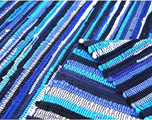 SERENITA Chindi Rug Reversible Rag Cotton Hand Woven Throw Area Rugs for Kitchen Bedroom Bathroom Livingroom Washable Stripe Blue 22" x 36"