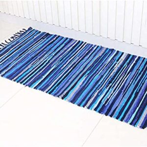 SERENITA Chindi Rug Reversible Rag Cotton Hand Woven Throw Area Rugs for Kitchen Bedroom Bathroom Livingroom Washable Stripe Blue 22" x 36"