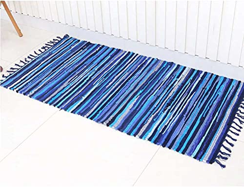 SERENITA Chindi Rug Reversible Rag Cotton Hand Woven Throw Area Rugs for Kitchen Bedroom Bathroom Livingroom Washable Stripe Blue 22" x 36"