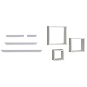 melannco floating wall shelves for bedroom, living room, bathroom, kitchen, nursery, set of 4, white, 4 count & floating wall mount square cube shelves, set of 3, white – 5140525