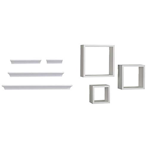 MELANNCO Floating Wall Shelves for Bedroom, Living Room, Bathroom, Kitchen, Nursery, Set of 4, White, 4 Count & Floating Wall Mount Square Cube Shelves, Set of 3, White - 5140525